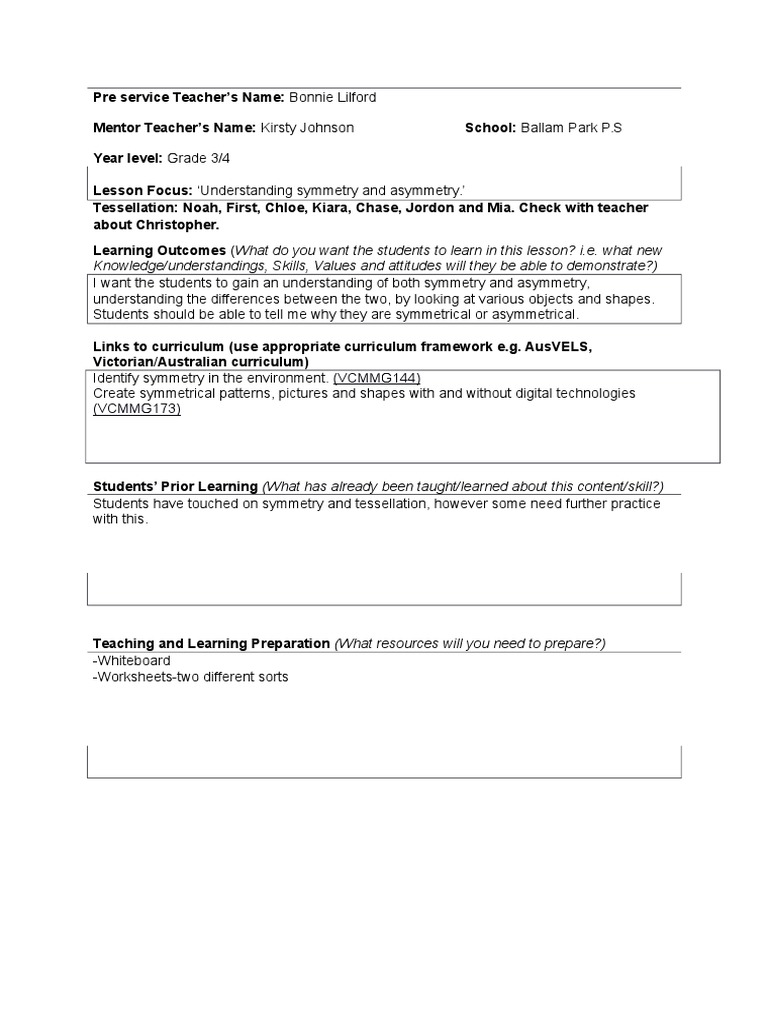 Maths Lesson Plan Symmetry Portfolio | PDF | Symmetry | Curriculum