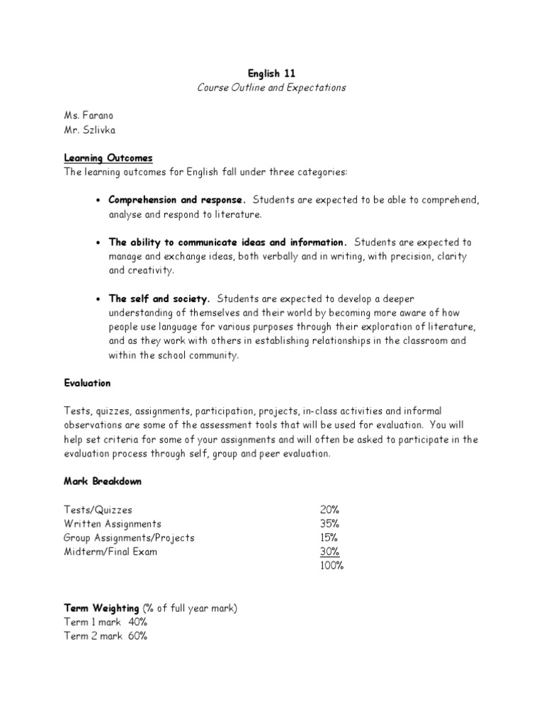 English 11 Course Outline Farano Szlivka | PDF | Homework | Test ...