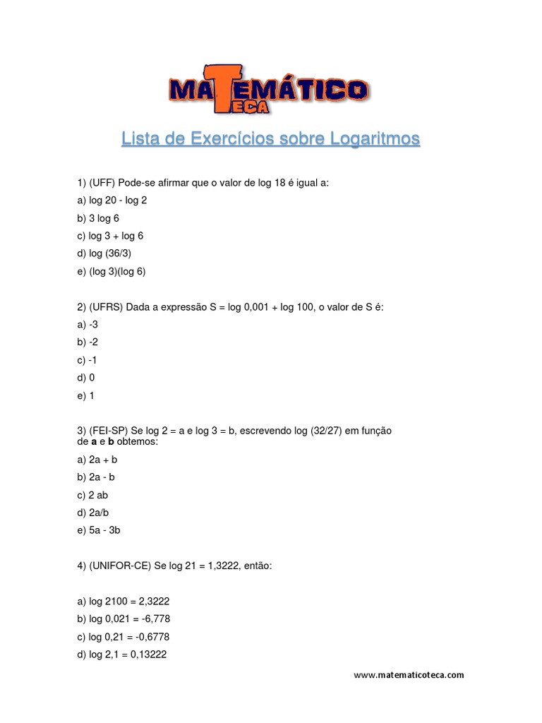 Lista de Exercícios Sobre Logaritmos | PDF