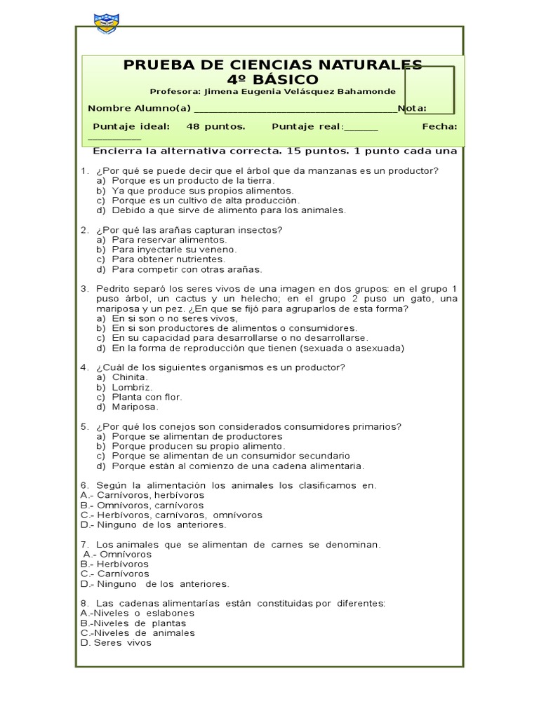 Examen de Cadena Alimenticia 4º Básico | PDF | Carne | Alimentos