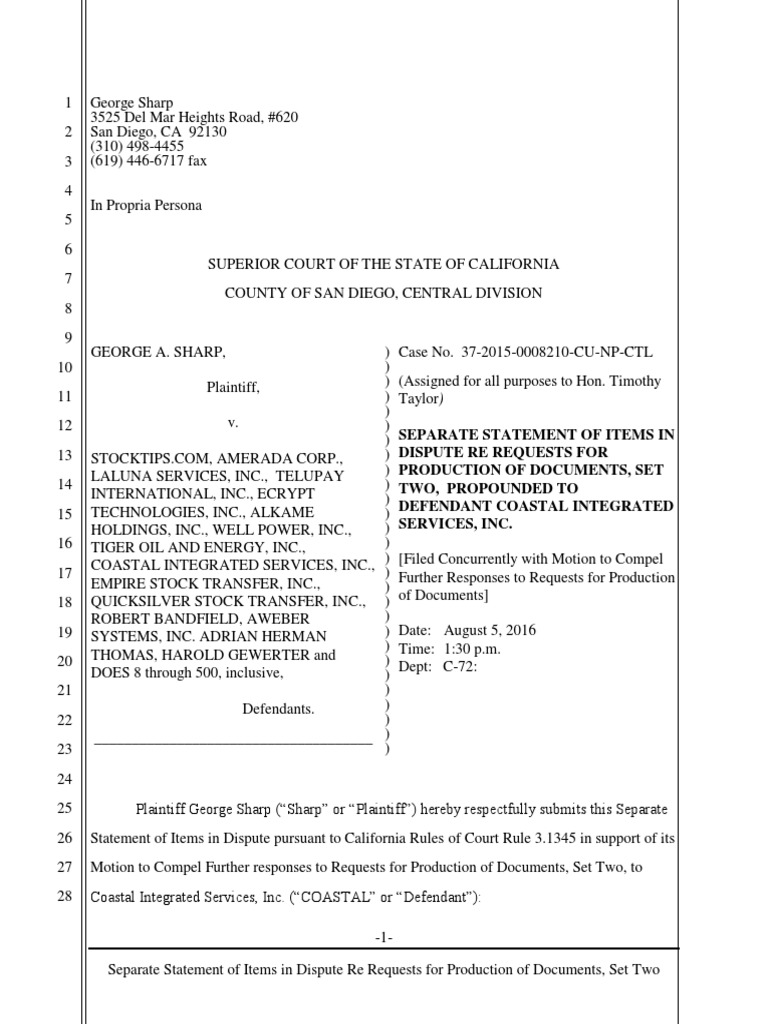 Separate Statements in Support of Motion to Compel COLV's Production of ...