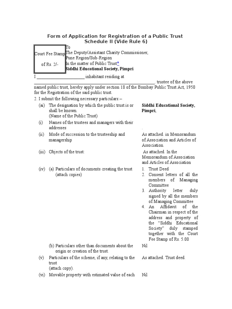 Form of Application for Registration of a Public Trust | Charitable ...