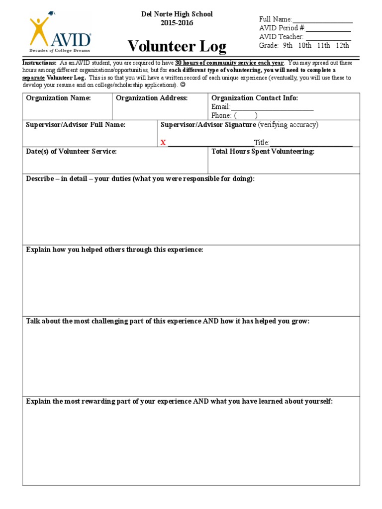 AVID Volunteer Form | PDF | Volunteering | Secondary School