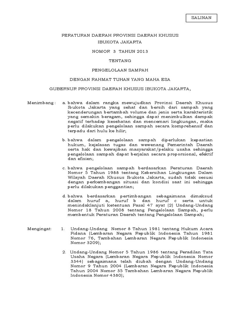 Perda DKI Jakarta No. 3 TH 2013 TTG Pengelolaan Sampah | PDF | Griya & Taman