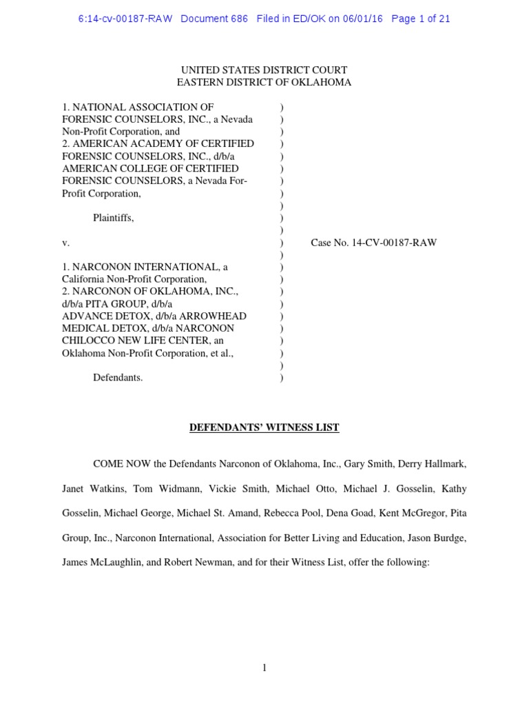 NAFC v. Narconon: Defense Witness List | PDF | Discovery (Law) | Witness
