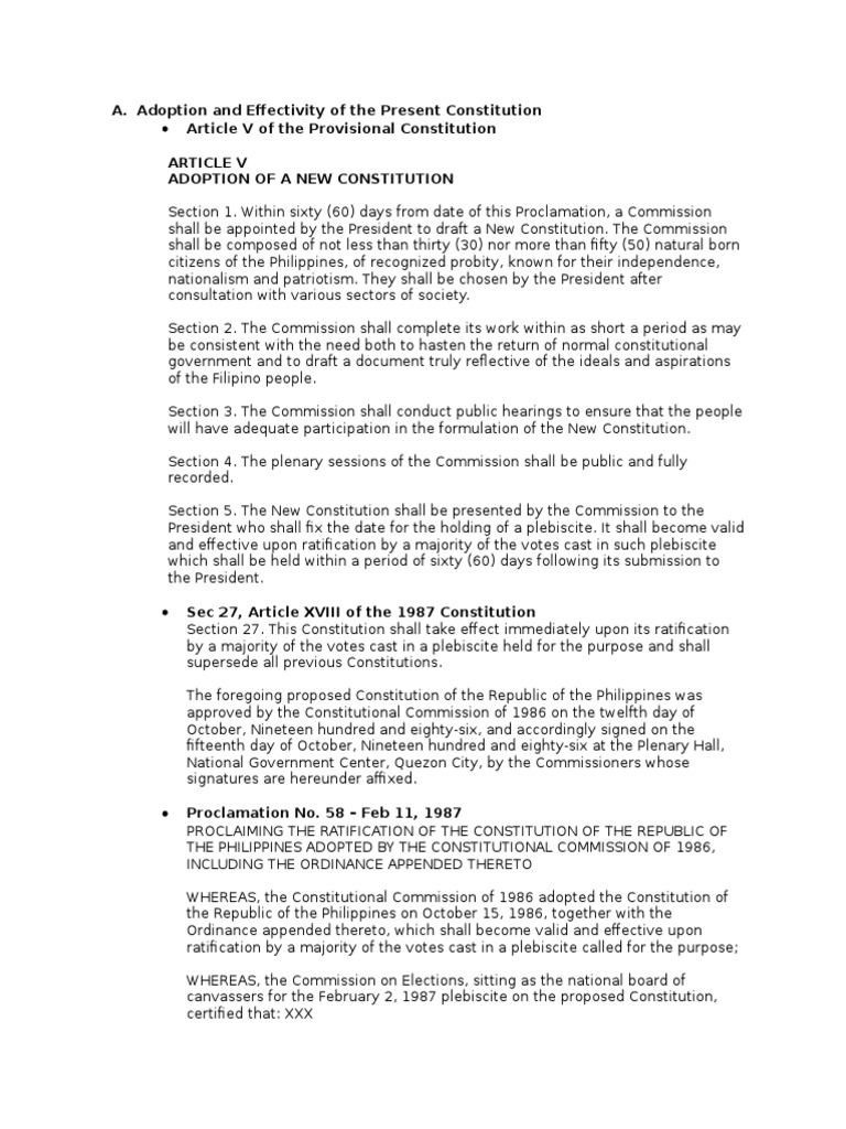 Adoption and Effectivity of The Present Constitution | PDF | Public ...