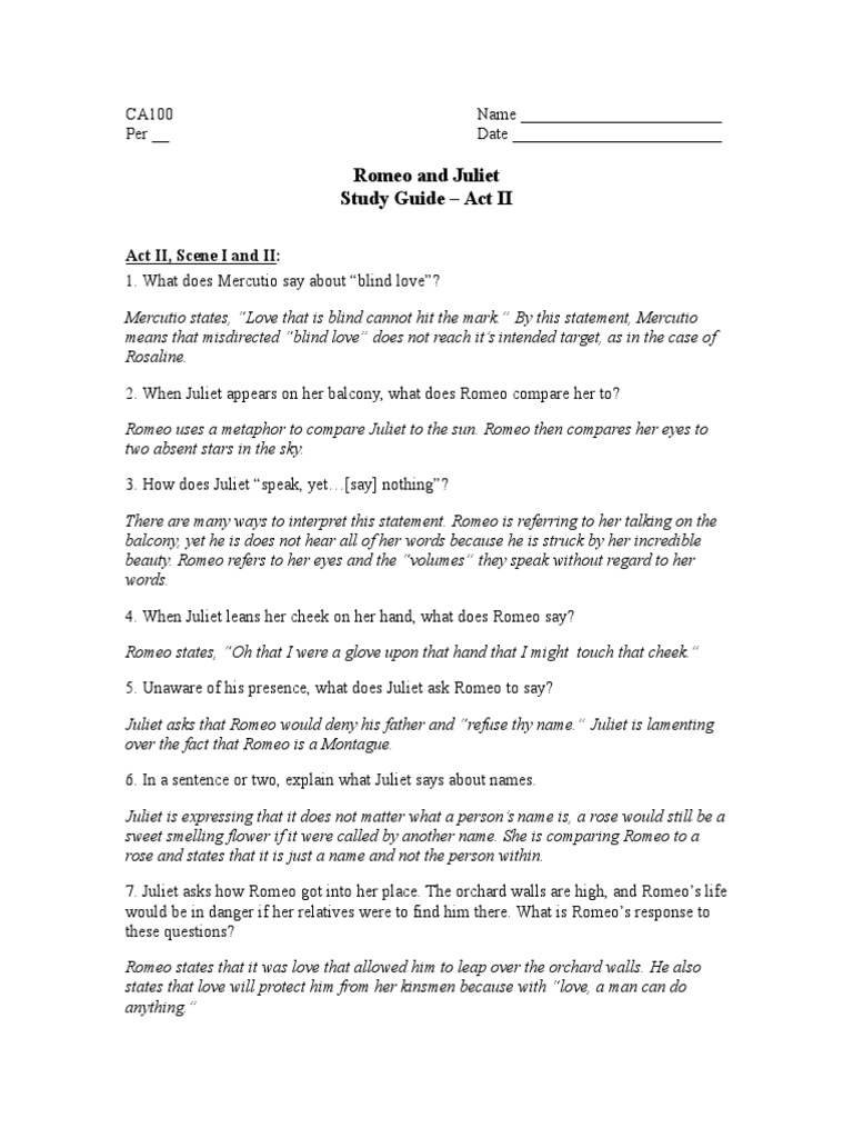 Romeo & Juliet Act II Study Guide | PDF | Juliet