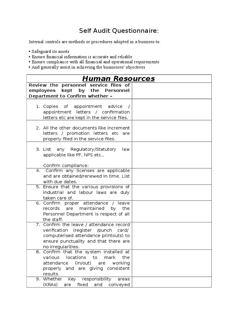 Human Resources: Self Audit Questionnaire | PDF | Career & Growth ...