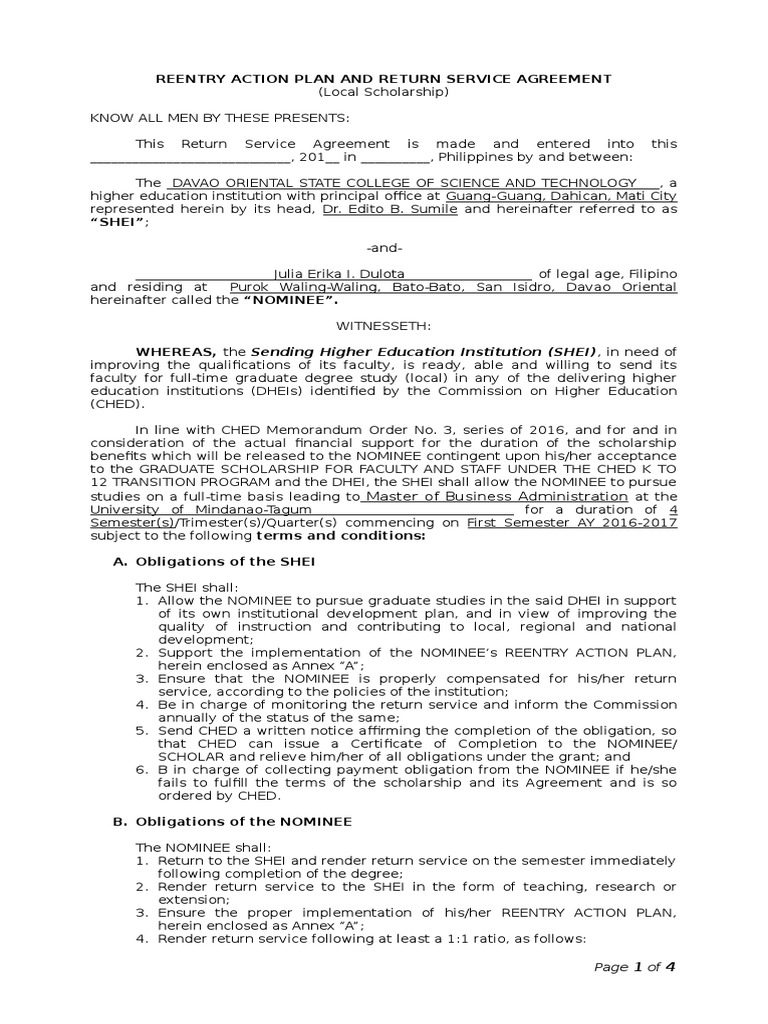 Reentry Action Plan and Return Service Agreement | PDF | Thesis ...