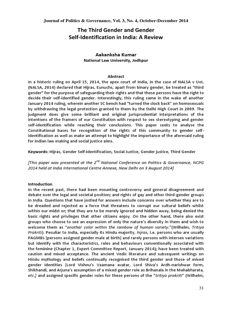 The Third Gender and Gender Self-Identification in India: A Review ...