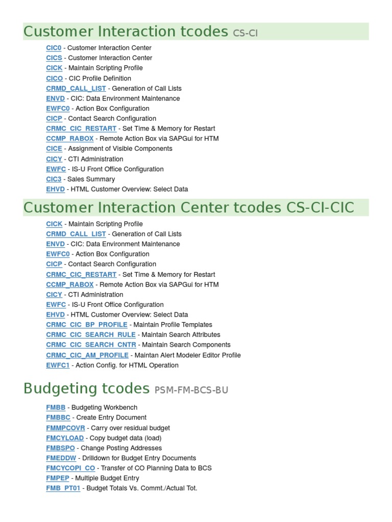 SAP CS Tcodes (Transaction Codes) | PDF | Html | Databases