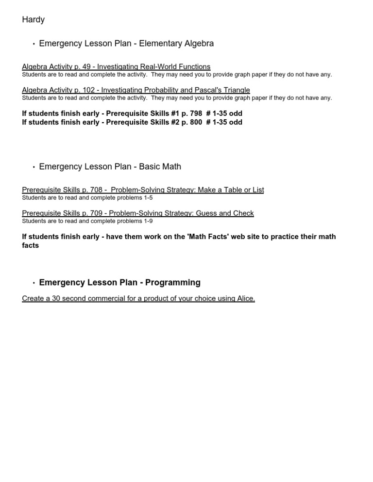 Emergency Lesson Plans for Math & Programming | PDF