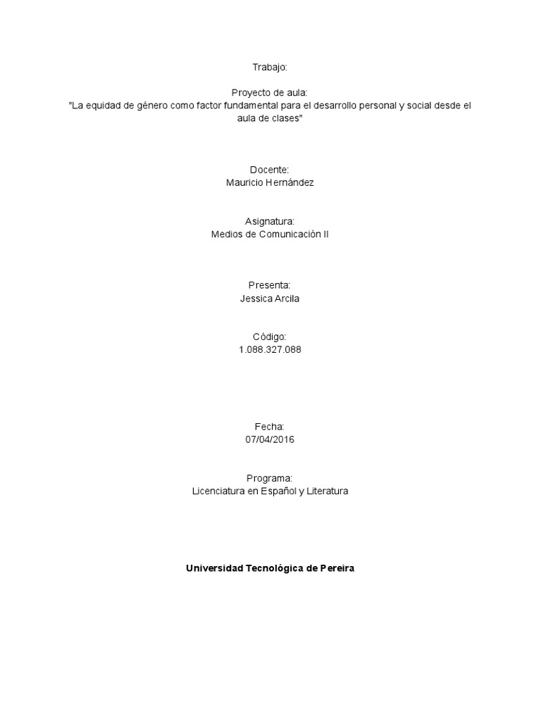 Proyecto de Aula, Jessica Arcila | PDF | Mujer | Igualdad de género