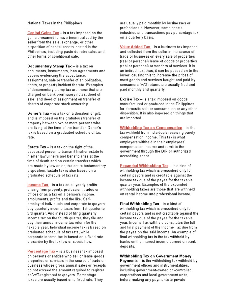 Overview of Philippine National Taxes | PDF | Withholding Tax | Taxes