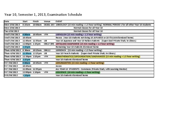 Year 10 Exam Schedule 2013 | PDF