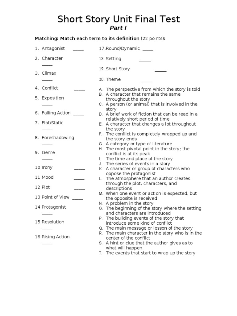 Short Story Unit Final Test | Plot (Narrative) | Short Stories