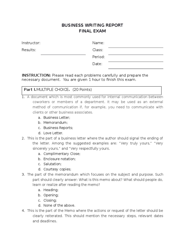 Business Writing Report Final Exam | PDF | Memorandum | Test (Assessment)