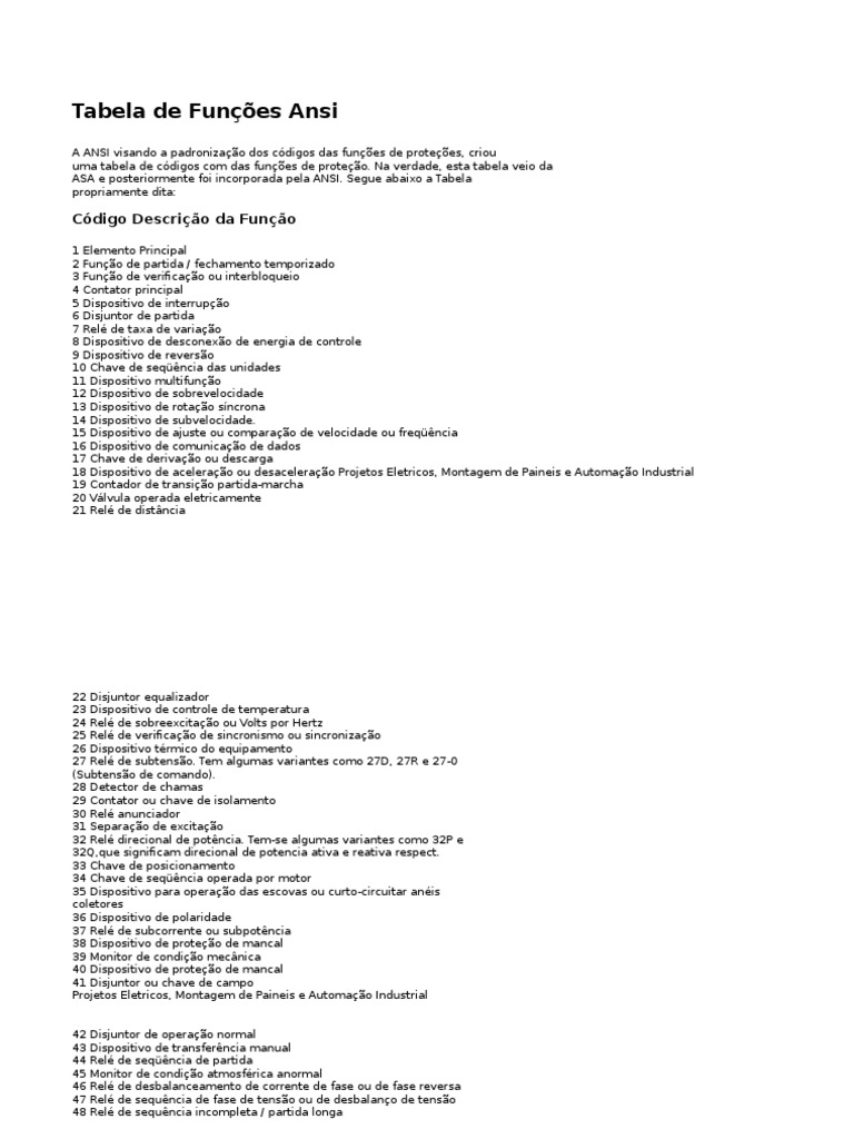 Padrões ANSI para Funções de Proteção Elétrica: Tabela de Códigos e ...