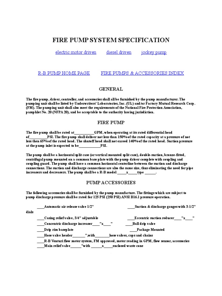 Fire Pump System Specification | PDF | Pump | Switch