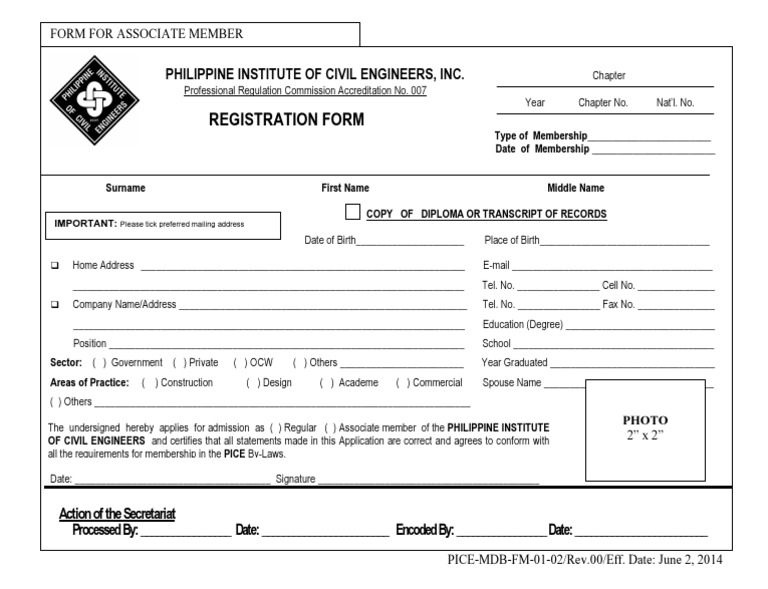 PICE Membership Registration Form For Associate Member | PDF