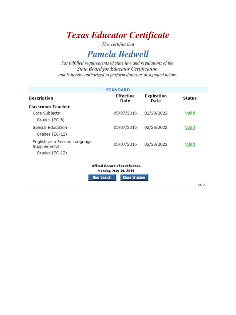 Texas Educator Certificate | PDF