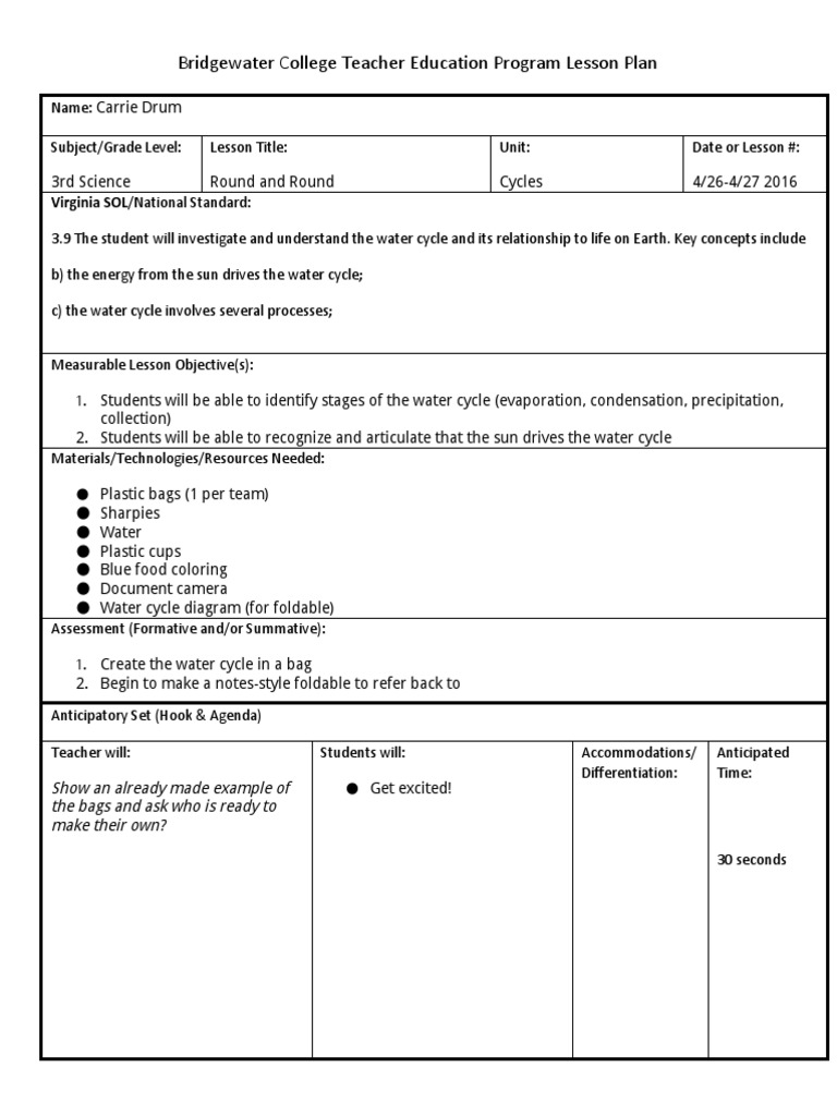 3rd Grade Water Cycle Lesson Plan | PDF | Water Cycle | Educational ...