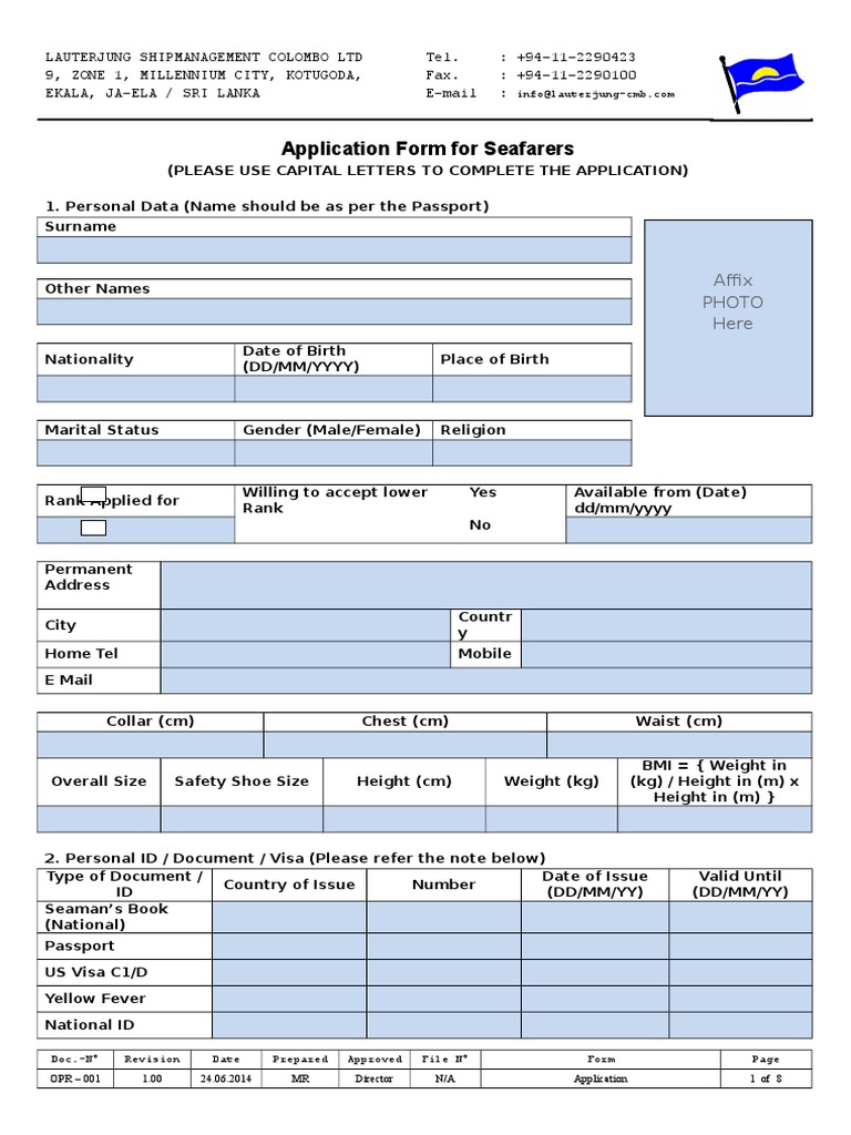 OPR 001 - Application & Service Records - For Seafarers | PDF ...