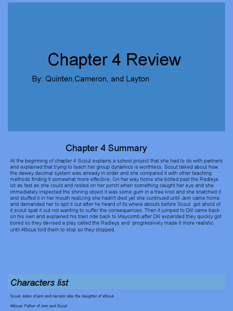 Chapter 4 Summary of TKAM | PDF | General Fiction
