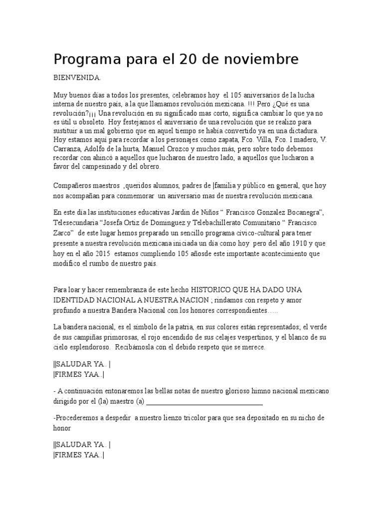 Programa para El 20 de Noviembre | Descargar gratis PDF | revolución mejicana | México