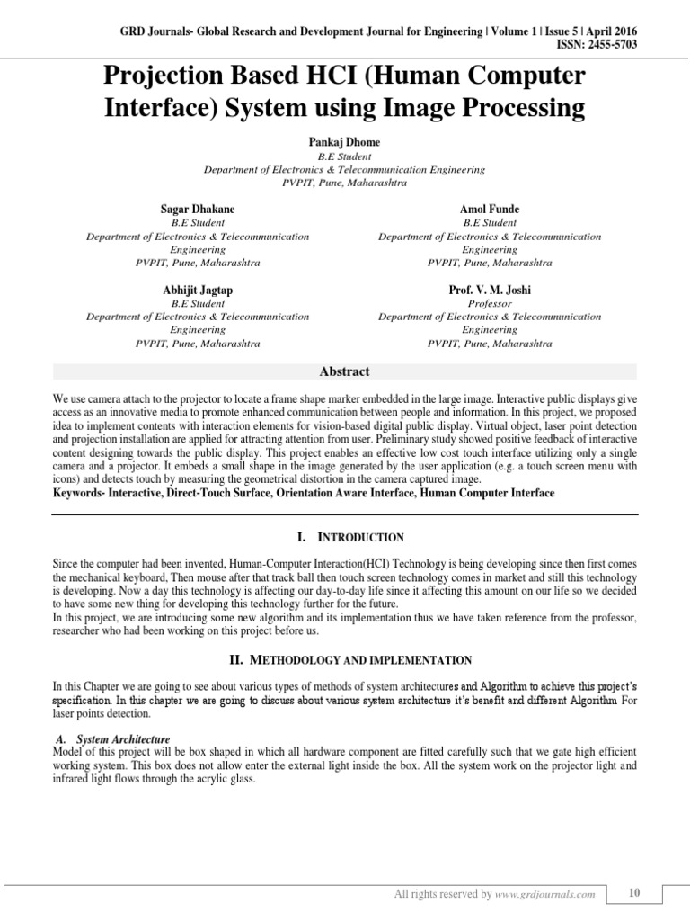 Projection Based Hci System Using Image Processing Pdf Matlab Human Computer Interaction