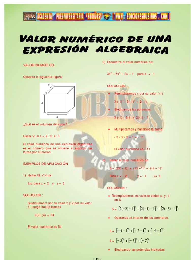 Valor Numerico de Una Expresion Algebraica | PDF | Epistemología de la ...