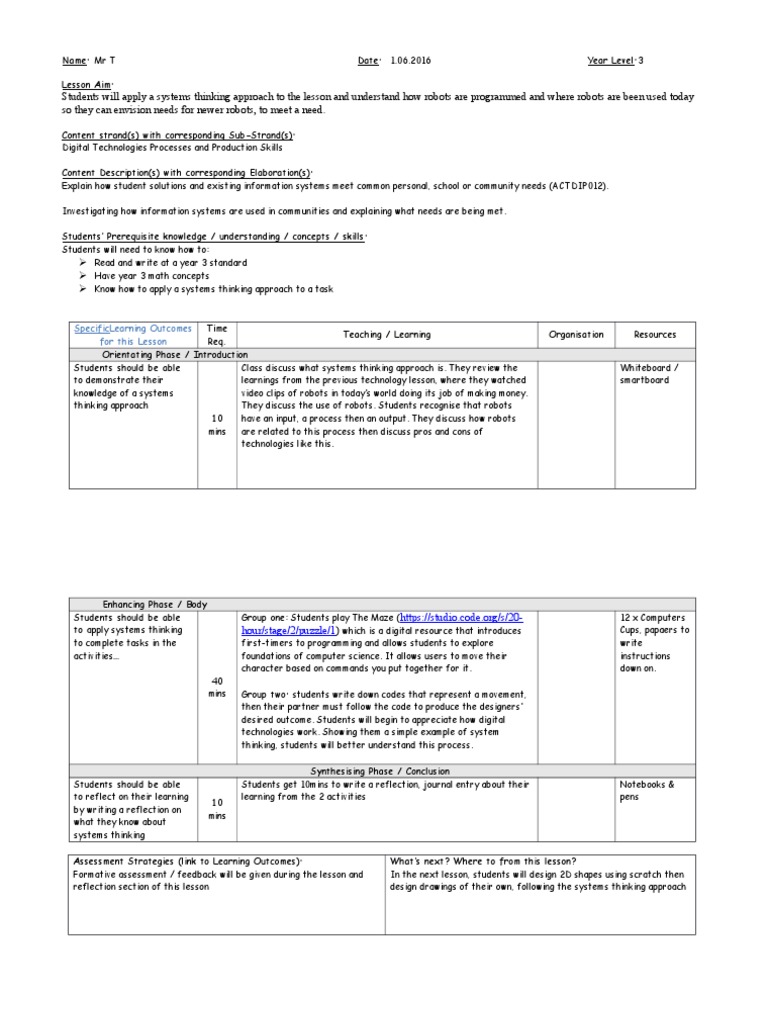 Digital Technology Lesson Plan Pdf Science And Technology