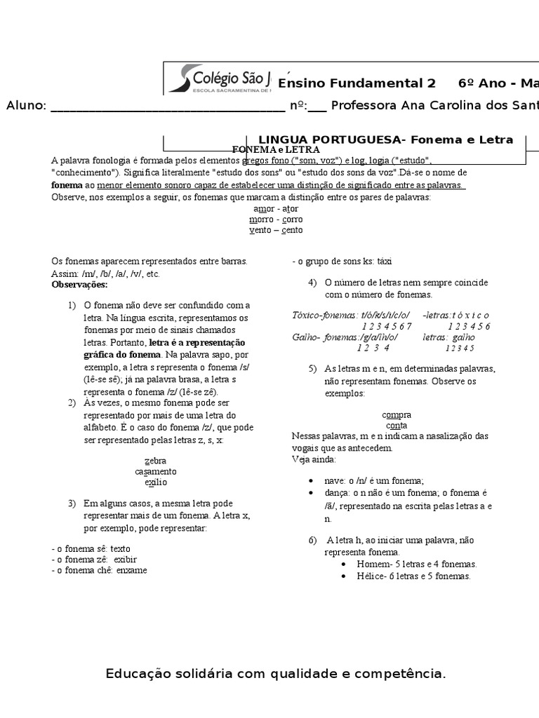 Fonema e Letra-6º Ano | PDF | Artes Linguísticas e Disciplina