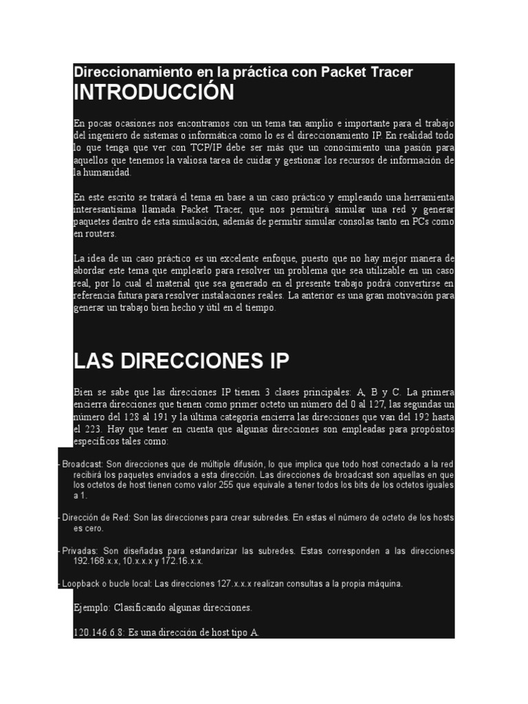 Direccionamiento en La Práctica Con Packet Tracer | PDF | Enrutador (Computación) | Dirección IP