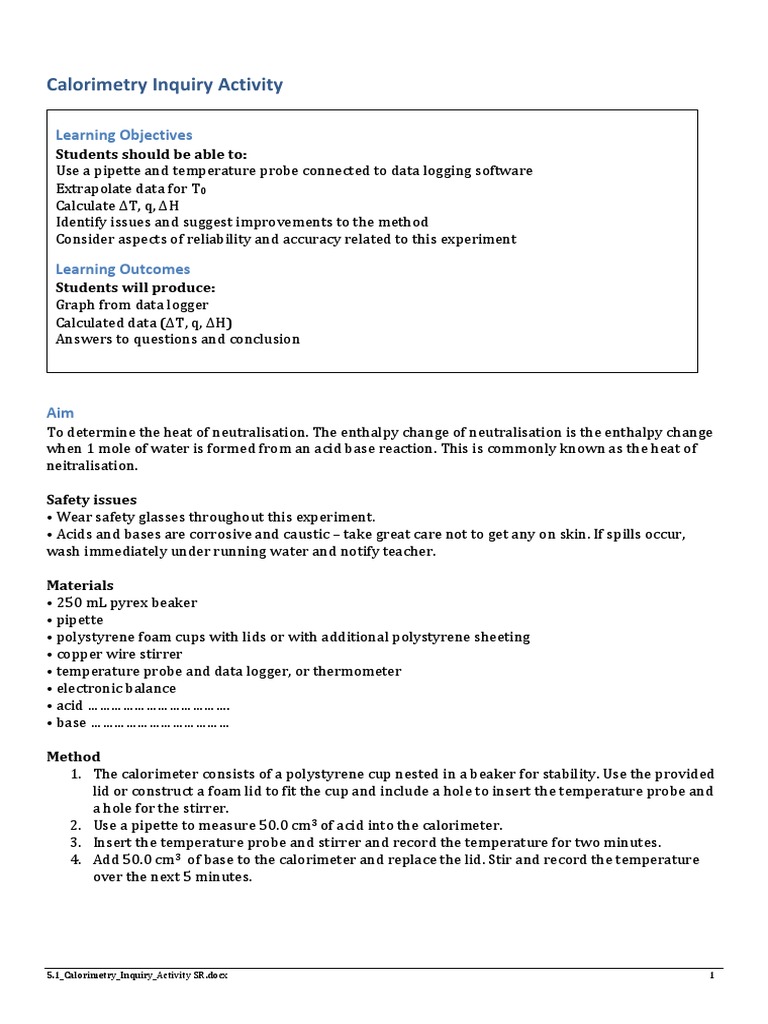 Calorimetry Inquiry Activity | PDF | Physical Chemistry | Physical Sciences