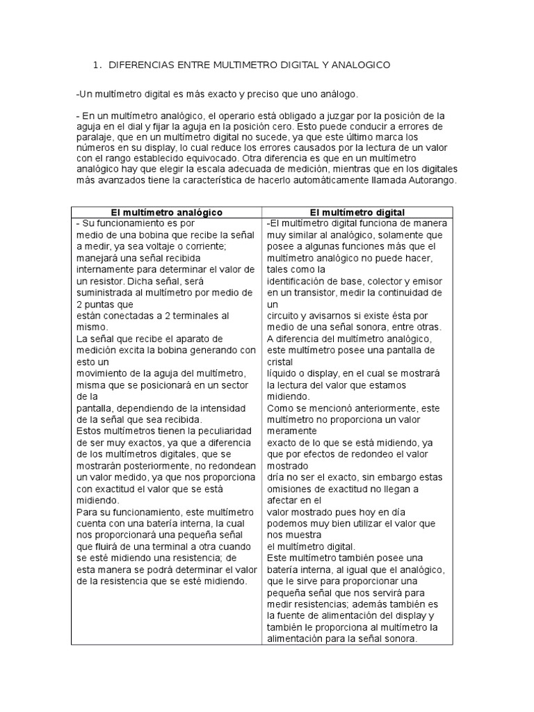 Diferencias Entre Multimetro Digital y Analogico | PDF | Ingenieria ...