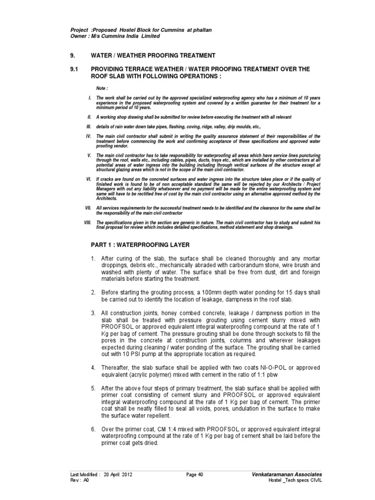 Specifications for Waterproofing Works | Concrete | Specification ...