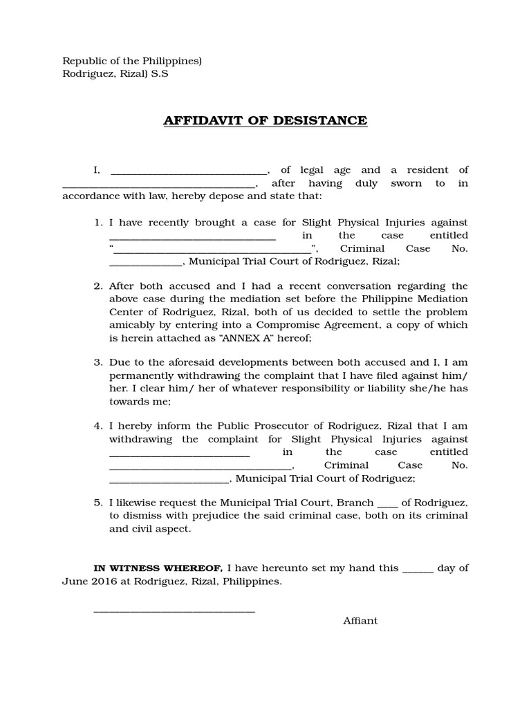 Affidavit of Desistance Slight Physical Injury | PDF