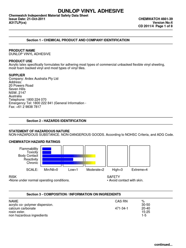 Dunlop Vinyl Adhesive MSDS | PDF | Firefighting | Water
