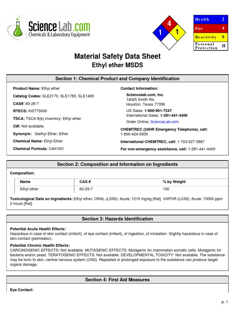 Ethyl Ether MSDS: Section 1: Chemical Product and Company ...