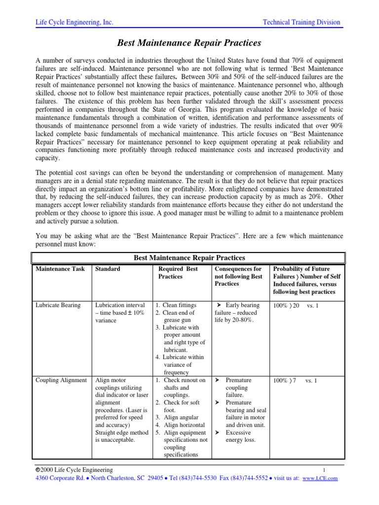 Best Maintenance Repair Practices | PDF | Reliability Engineering | Bearing (Mechanical)