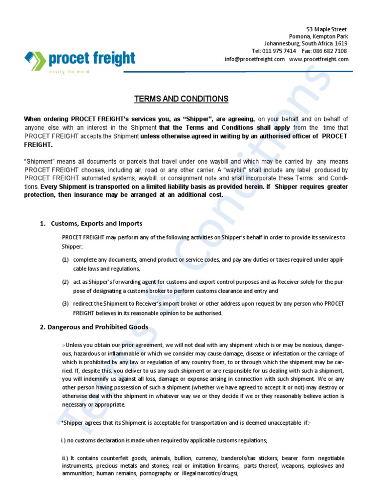 Procet Freight Terms & Condition | PDF | Cargo | Indemnity
