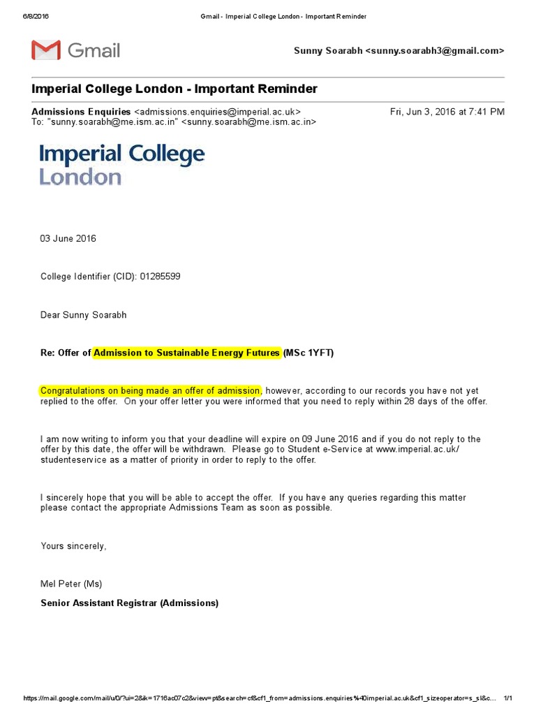 Imperial College Admission Reminder | PDF