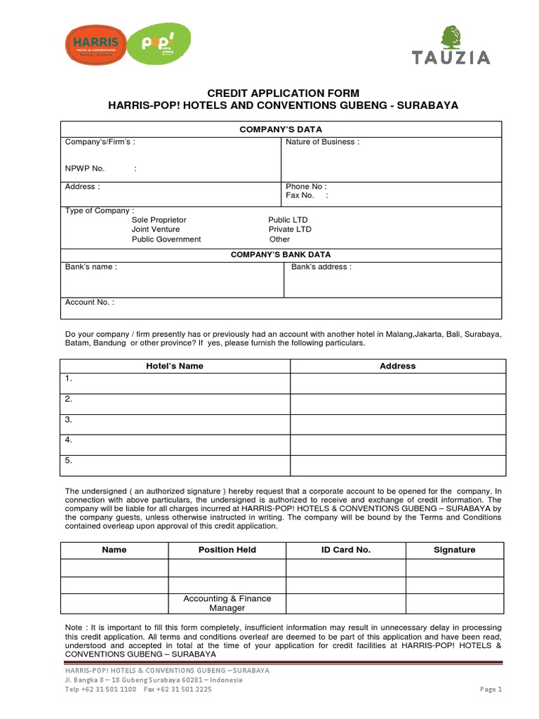 Contoh Credit Application Form Harris Hotel | PDF | Banks | Business