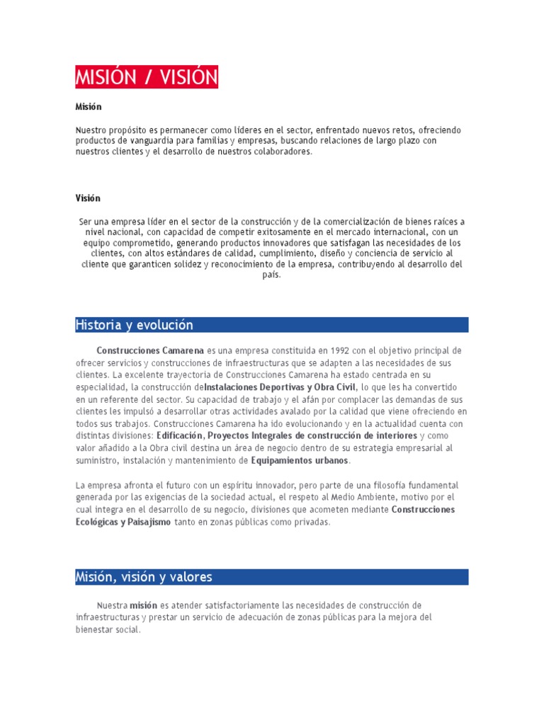 Misión y Visión de Empresas Constructoras | PDF | Calidad (comercial ...