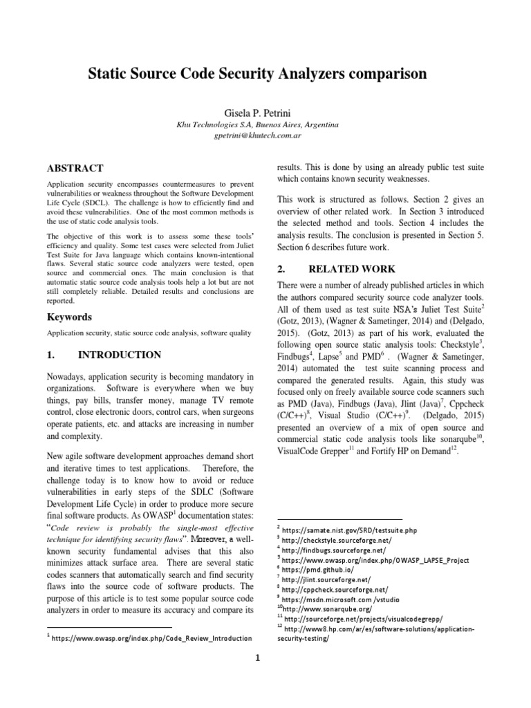 Static Source Code Security Analyzers Comparison Pdf Vulnerability Computing Programming
