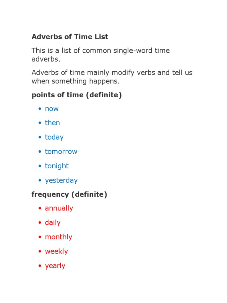 Adverbs of Time List | PDF