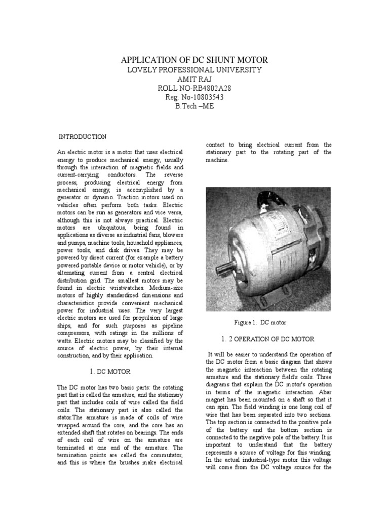 Application of DC Shunt Motor | PDF | Electric Motor | Components