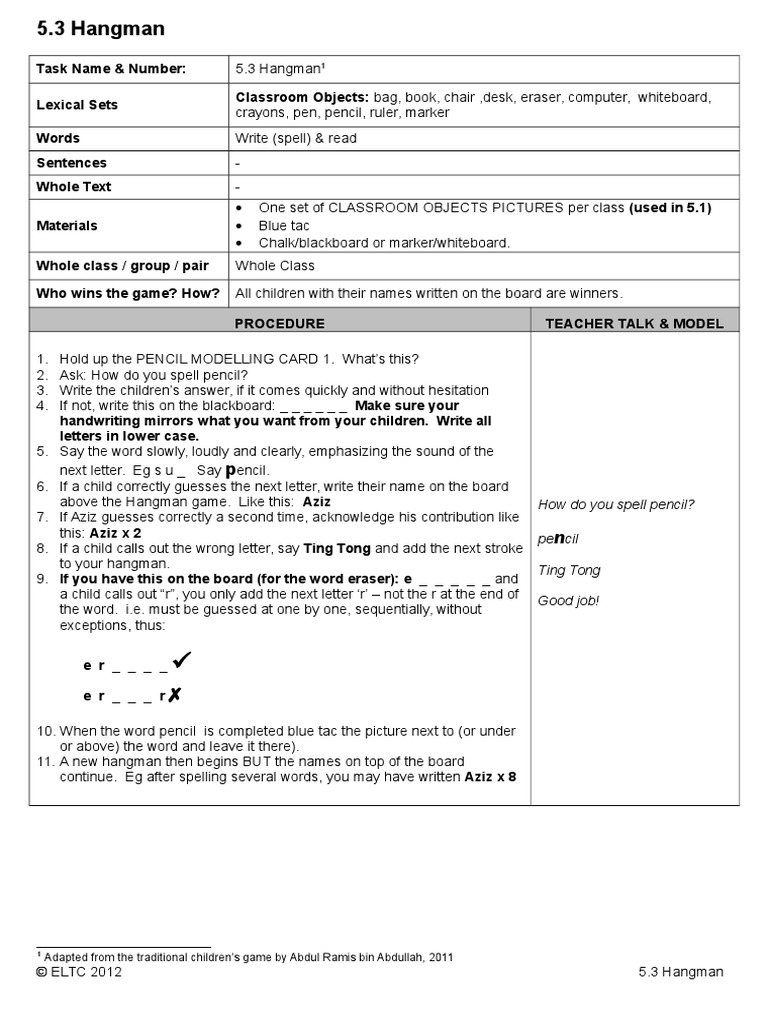 Classroom Objects Hangman | PDF | Phonics | Classroom