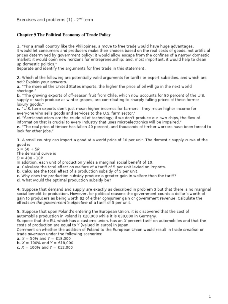 Exercises And Problems Chapter 9 Solutions 2 Pdf Subsidy Tariff